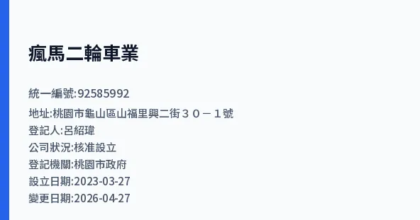 瘋馬二輪車業的照片-統編 92585992(桃園市) 公司登記資料與營業項目詳細圖表