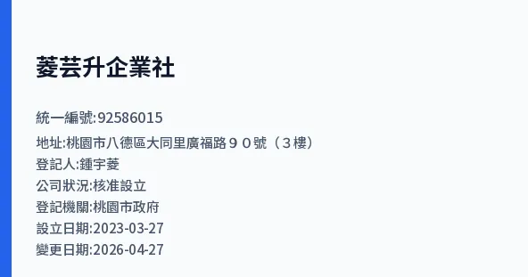 菱芸升企業社的照片-統編 92586015(桃園市) 公司登記資料與營業項目詳細圖表