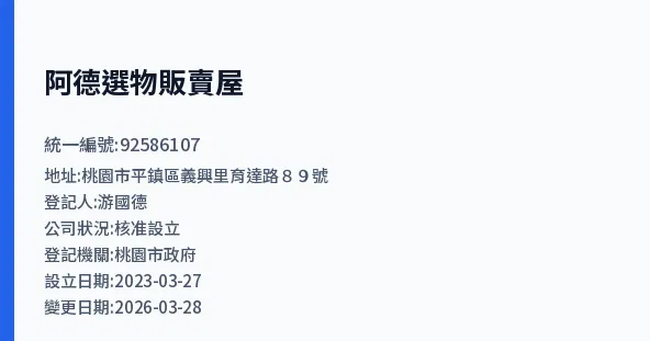 阿德選物販賣屋的照片-統編 92586107(桃園市) 公司登記資料與營業項目詳細圖表