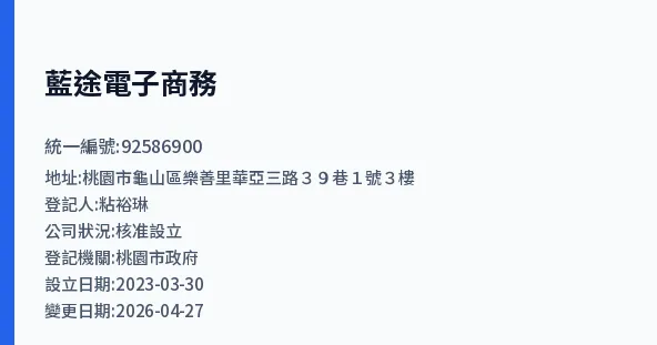藍途電子商務的照片-統編 92586900(桃園市) 公司登記資料與營業項目詳細圖表