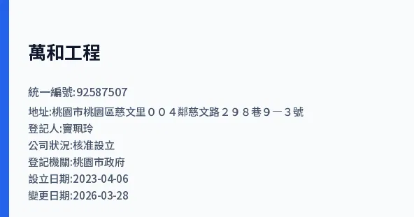 萬和工程的照片-統編 92587507(桃園市) 公司登記資料與營業項目詳細圖表