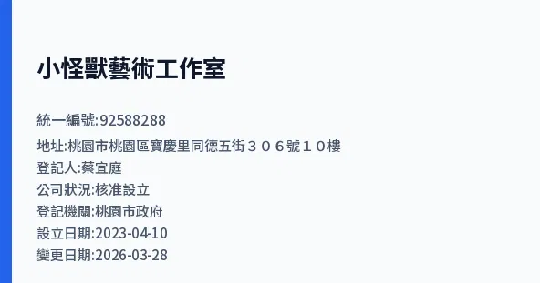 小怪獸藝術工作室的照片-統編 92588288(桃園市) 公司登記資料與營業項目詳細圖表