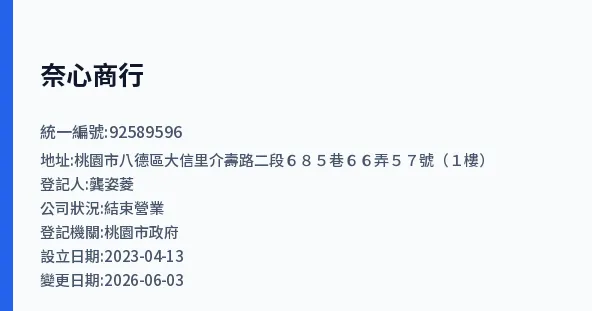 奈心商行的照片-統編 92589596(桃園市) 公司登記資料與營業項目詳細圖表