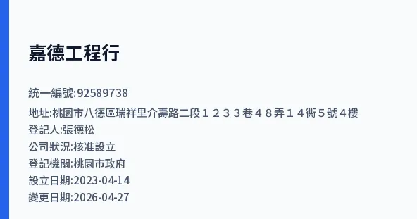 嘉德工程行的照片-統編 92589738(桃園市) 公司登記資料與營業項目詳細圖表