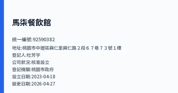 馬柒餐飲館的照片-統編 92590382(桃園市) 公司登記資料與營業項目詳細圖表
