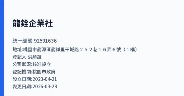 龍銓企業社的照片-統編 92591636(桃園市) 公司登記資料與營業項目詳細圖表