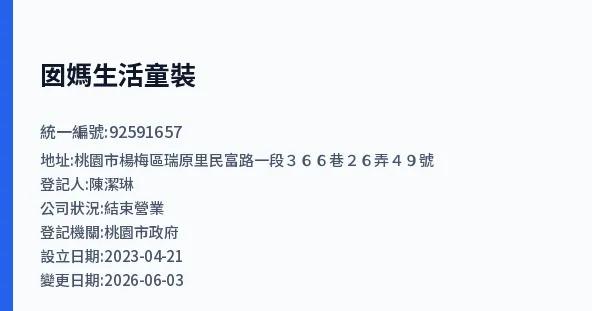 囡媽生活童裝的照片-統編 92591657(桃園市) 公司登記資料與營業項目詳細圖表