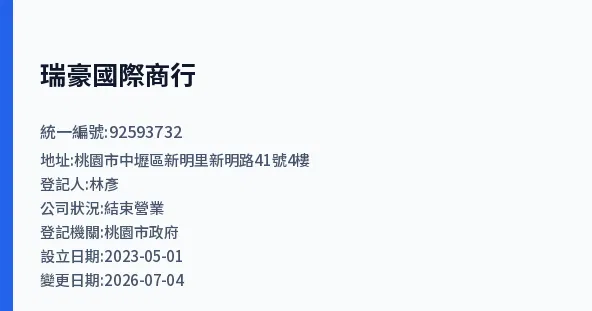 瑞豪國際商行的照片-統編 92593732(桃園市) 公司登記資料與營業項目詳細圖表