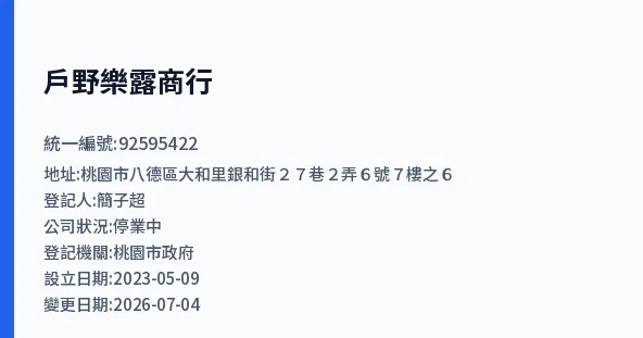 戶野樂露商行的照片-統編 92595422(桃園市) 公司登記資料與營業項目詳細圖表