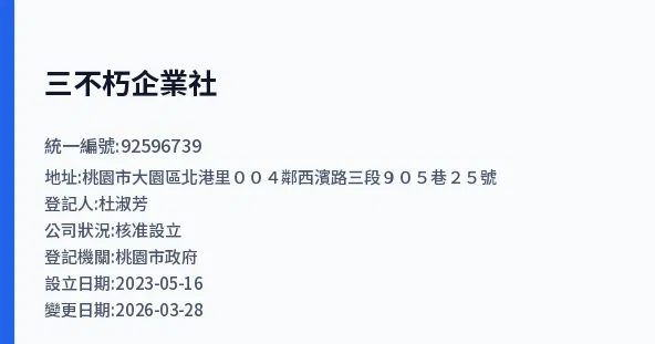三不朽企業社的照片-統編 92596739(桃園市) 公司登記資料與營業項目詳細圖表