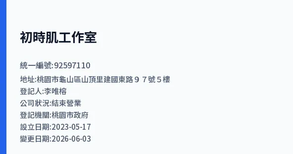 初時肌工作室的照片-統編 92597110(桃園市) 公司登記資料與營業項目詳細圖表