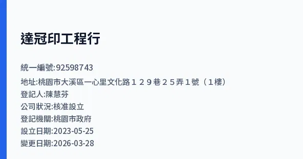 達冠印工程行的照片-統編 92598743(桃園市) 公司登記資料與營業項目詳細圖表