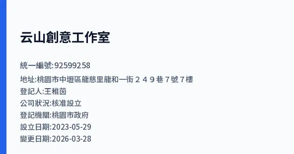 云山創意工作室的照片-統編 92599258(桃園市) 公司登記資料與營業項目詳細圖表