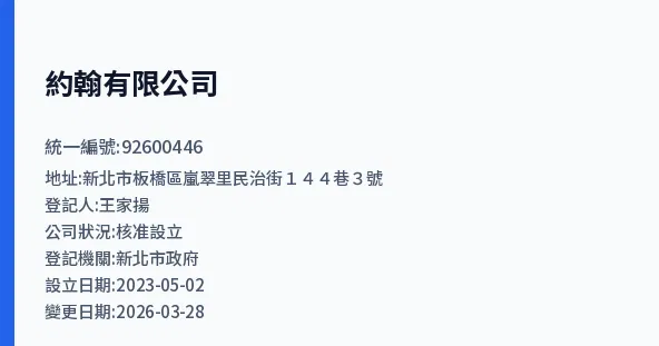 約翰有限公司的照片-統編 92600446(新北市) 公司登記資料與營業項目詳細圖表