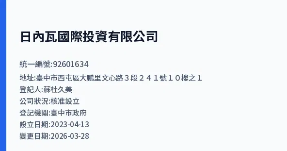日內瓦國際投資有限公司的照片-統編 92601634(臺中市) 公司登記資料與營業項目詳細圖表