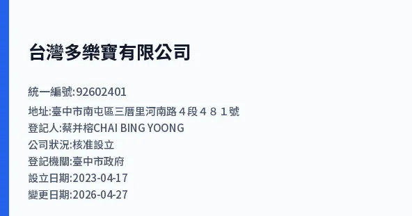 台灣多樂寶有限公司的照片-統編 92602401(臺中市) 公司登記資料與營業項目詳細圖表