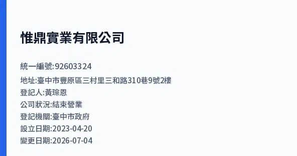 惟鼎實業有限公司的照片-統編 92603324(臺中市) 公司登記資料與營業項目詳細圖表