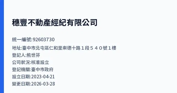 穗豐不動產經紀有限公司的照片-統編 92603730(臺中市) 公司登記資料與營業項目詳細圖表