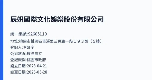 辰妍國際文化娛樂股份有限公司的照片-統編 92605110(桃園市) 公司登記資料與營業項目詳細圖表