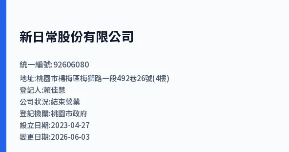新日常股份有限公司的照片-統編 92606080(桃園市) 公司登記資料與營業項目詳細圖表