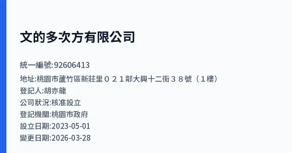 文的多次方有限公司的照片-統編 92606413(桃園市) 公司登記資料與營業項目詳細圖表