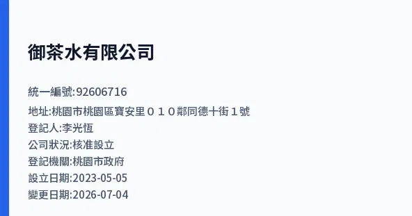 御茶水有限公司的照片-統編 92606716(桃園市) 公司登記資料與營業項目詳細圖表
