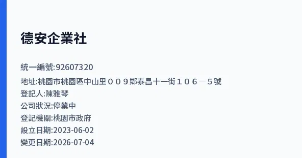 德安企業社的照片-統編 92607320(桃園市) 公司登記資料與營業項目詳細圖表