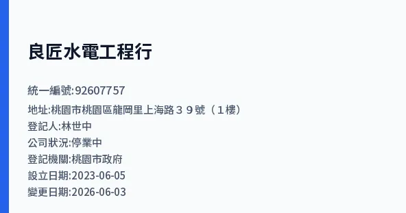 良匠水電工程行的照片-統編 92607757(桃園市) 公司登記資料與營業項目詳細圖表