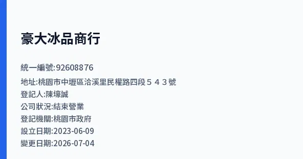 豪大冰品商行的照片-統編 92608876(桃園市) 公司登記資料與營業項目詳細圖表