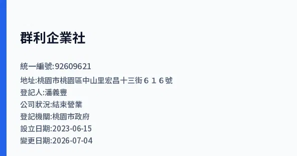 群利企業社的照片-統編 92609621(桃園市) 公司登記資料與營業項目詳細圖表