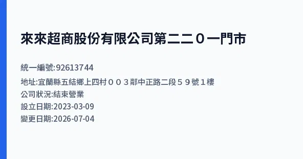 來來超商股份有限公司第二二0一門市的照片-統編 92613744(宜蘭縣) 公司登記資料與營業項目詳細圖表