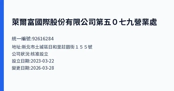 萊爾富國際股份有限公司第五0七九營業處的照片-統編 92616284(新北市) 公司登記資料與營業項目詳細圖表