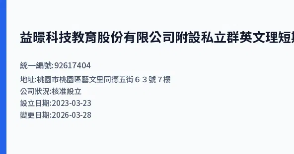 益暻科技教育股份有限公司附設私立群英文理短期補習班藝文中茂分班的照片-統編 92617404(桃園市) 公司登記資料與營業項目詳細圖表