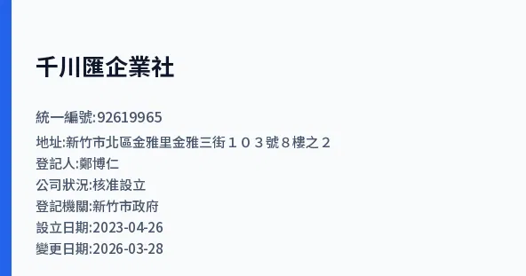 千川匯企業社的照片-統編 92619965(新竹市) 公司登記資料與營業項目詳細圖表