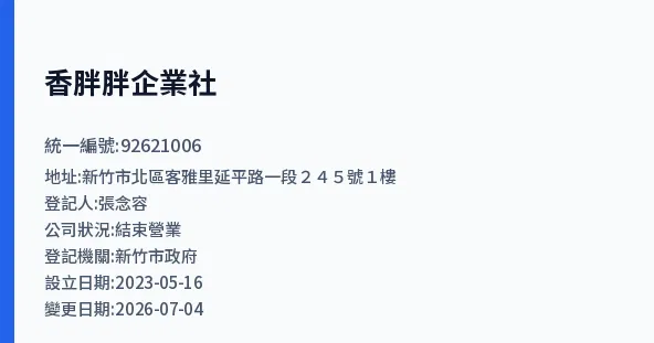 香胖胖企業社的照片-統編 92621006(新竹市) 公司登記資料與營業項目詳細圖表