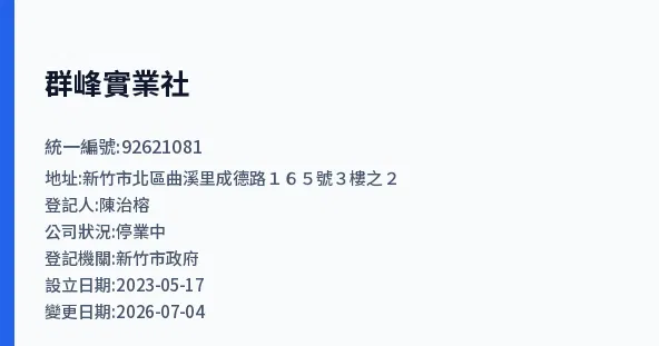 群峰實業社的照片-統編 92621081(新竹市) 公司登記資料與營業項目詳細圖表
