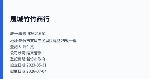 風城竹竹商行的照片-統編 92621651(新竹市) 公司登記資料與營業項目詳細圖表