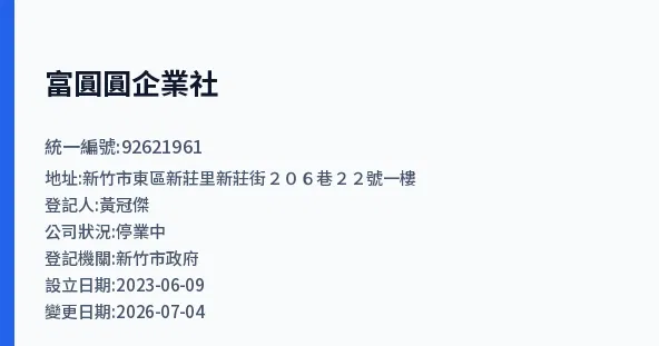 富圓圓企業社的照片-統編 92621961(新竹市) 公司登記資料與營業項目詳細圖表