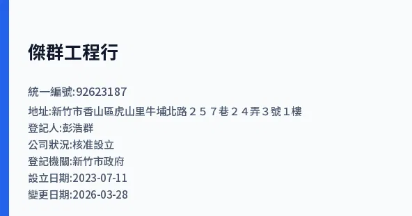 傑群工程行的照片-統編 92623187(新竹市) 公司登記資料與營業項目詳細圖表