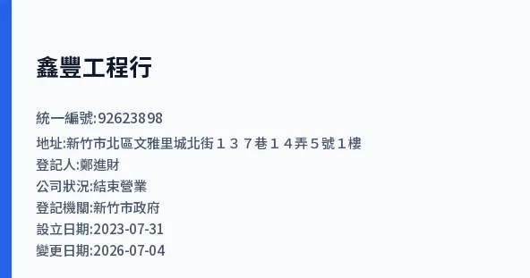 鑫豐工程行的照片-統編 92623898(新竹市) 公司登記資料與營業項目詳細圖表