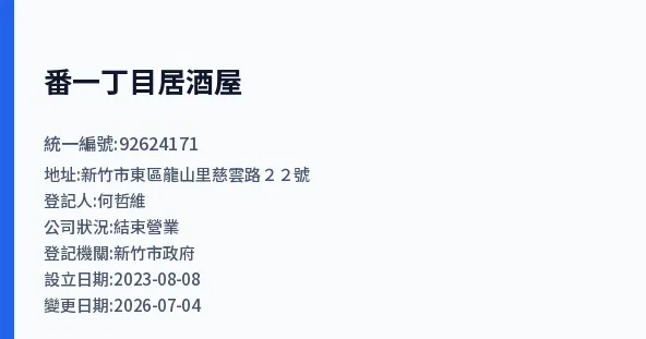 番一丁目居酒屋的照片-統編 92624171(新竹市) 公司登記資料與營業項目詳細圖表