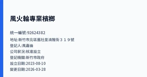 風火輪專業檳榔的照片-統編 92624382(新竹市) 公司登記資料與營業項目詳細圖表