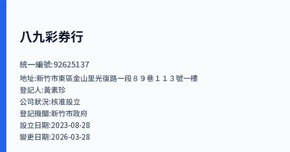 八九彩券行的照片-統編 92625137(新竹市) 公司登記資料與營業項目詳細圖表