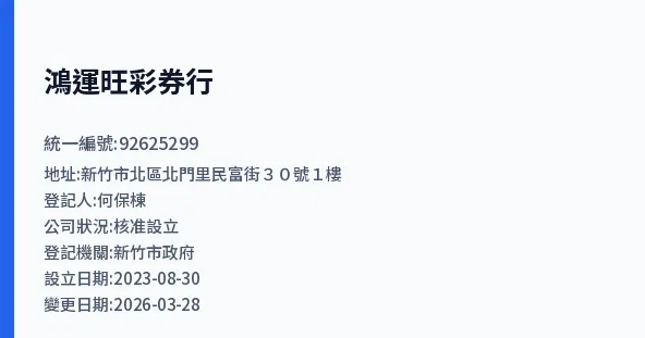 鴻運旺彩券行的照片-統編 92625299(新竹市) 公司登記資料與營業項目詳細圖表