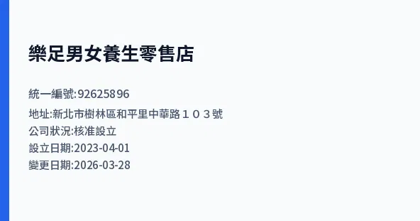 樂足男女養生零售店的照片-統編 92625896(新北市) 公司登記資料與營業項目詳細圖表