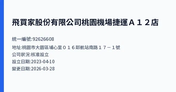 飛買家股份有限公司桃園機場捷運A12店的照片-統編 92626608(桃園市) 公司登記資料與營業項目詳細圖表