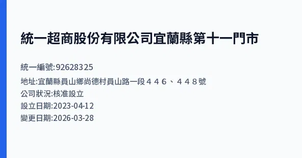 統一超商股份有限公司宜蘭縣第十一門市的照片-統編 92628325(宜蘭縣) 公司登記資料與營業項目詳細圖表