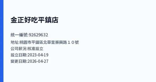 金正好吃平鎮店的照片-統編 92629632(桃園市) 公司登記資料與營業項目詳細圖表