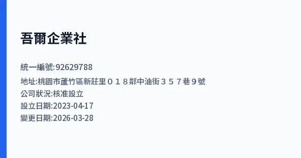吾爾企業社的照片-統編 92629788(桃園市) 公司登記資料與營業項目詳細圖表