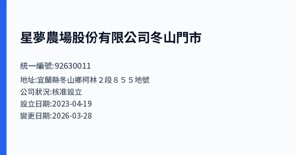 星夢農場股份有限公司 冬山門市的照片-統編 92630011(宜蘭縣) 公司登記資料與營業項目詳細圖表